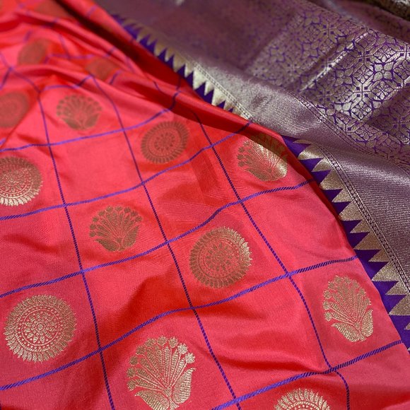 Other | Pink Check Silk Saree With Heavy Pallu | Poshmark